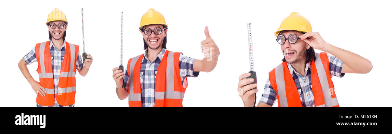 The funny constructon worker with tape-line isolated on white Stock ...