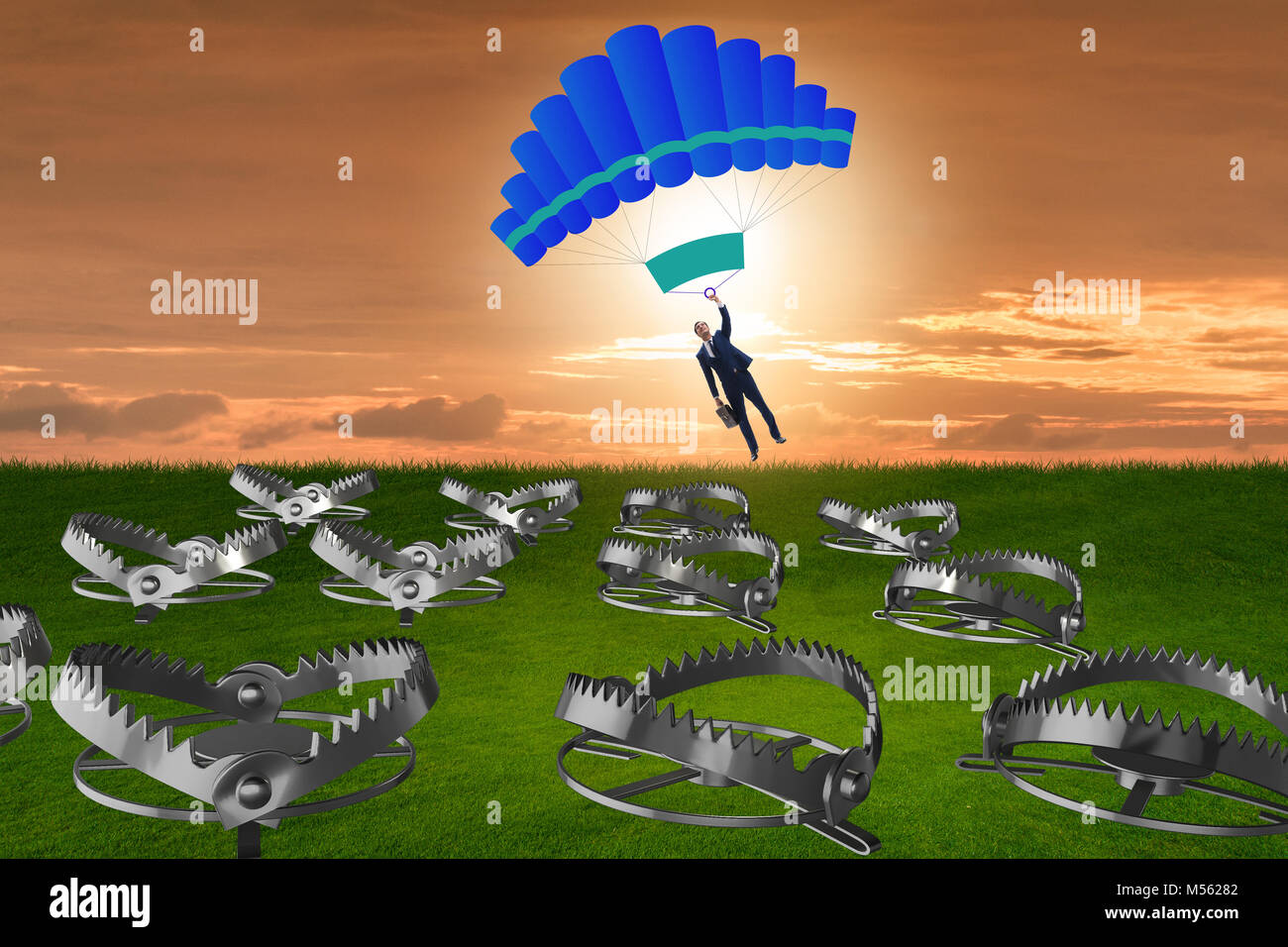 Businessman falling into trap on parachute Stock Photo - Alamy