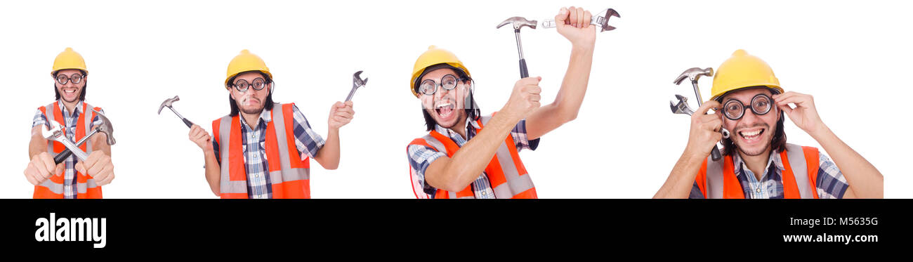 Funny construction worker with hammer and wrench isolated on whi Stock ...