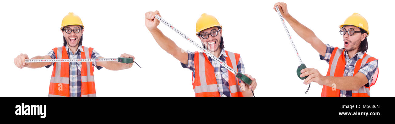Funny construction worker with tape-line isolated on white Stock Photo ...