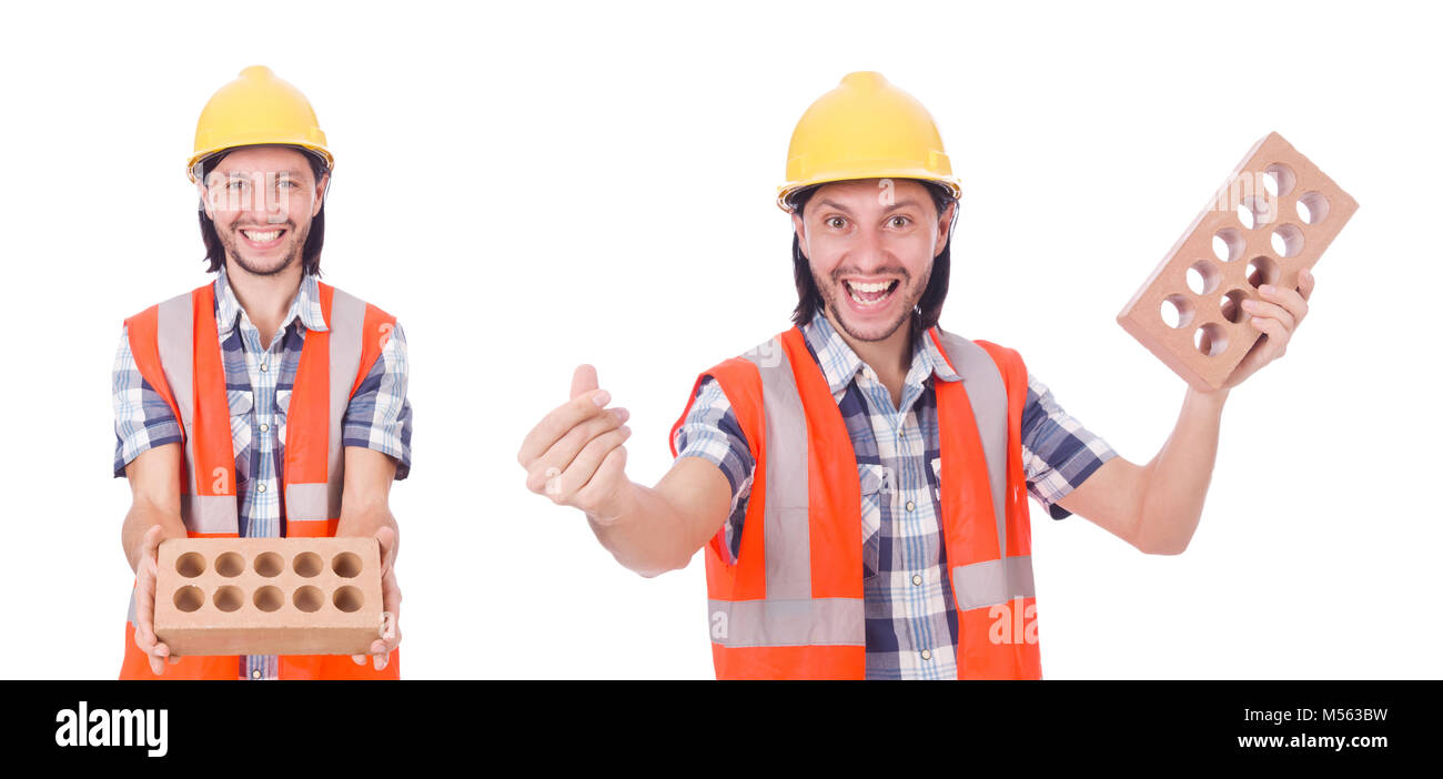 Young bricklayer with brick isolated on white Stock Photo - Alamy