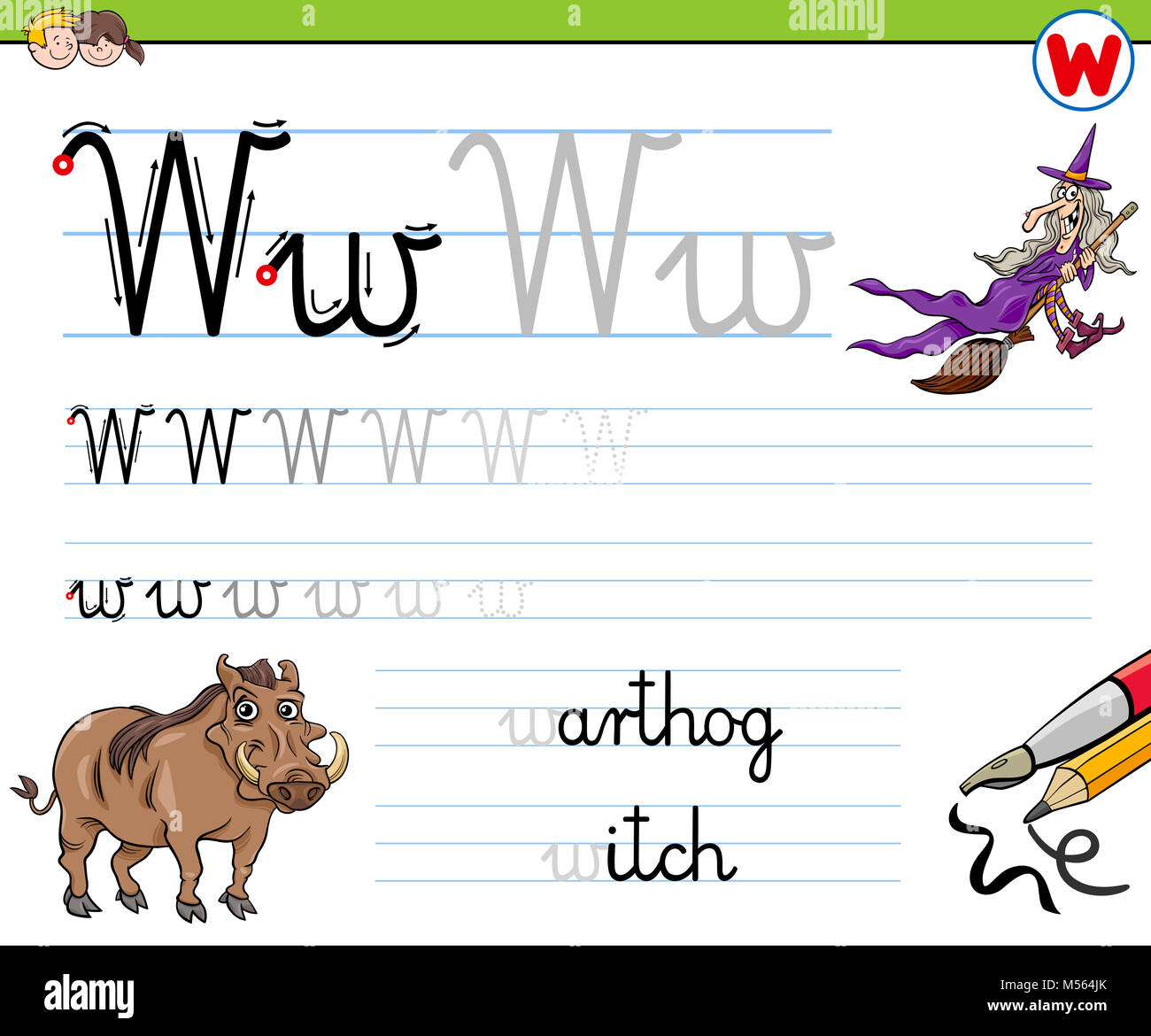 how to write letter W worksheet for kids Stock Photo - Alamy