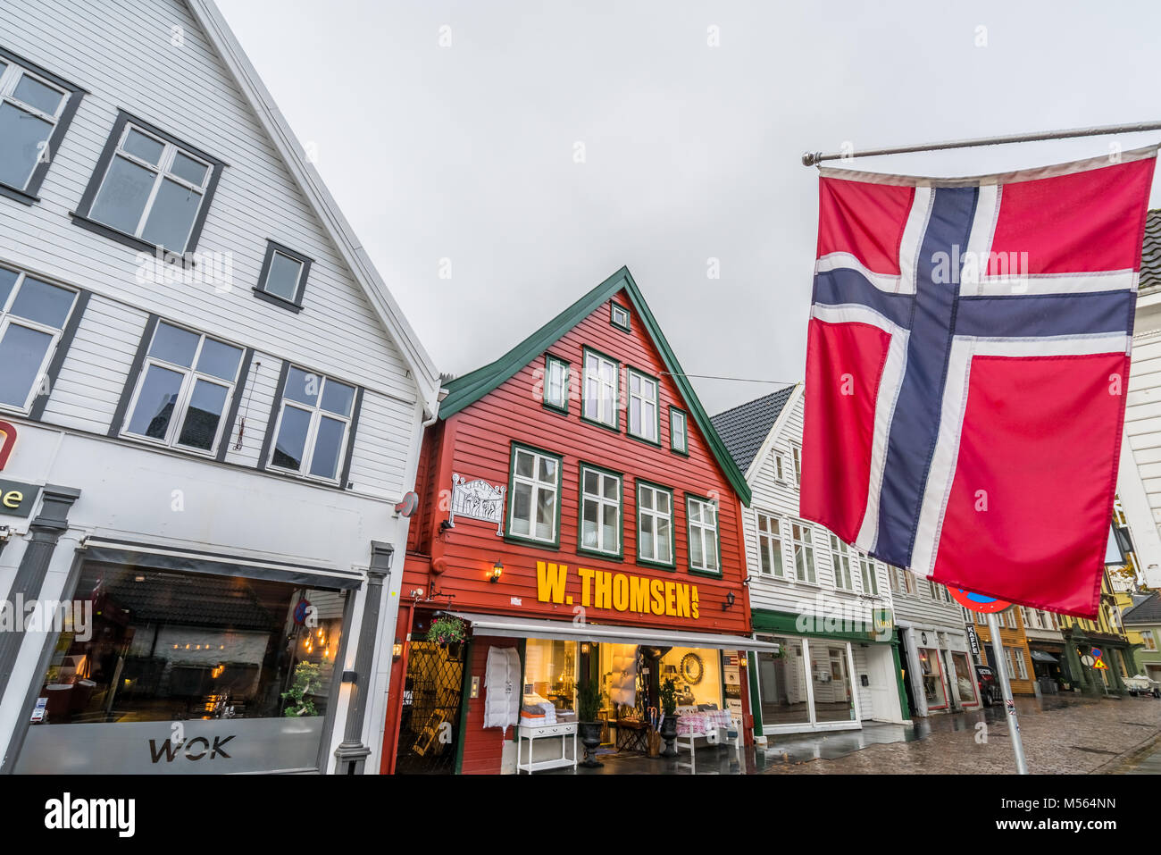 Norwegian flag in Bergen city centre Stock Photo - Alamy