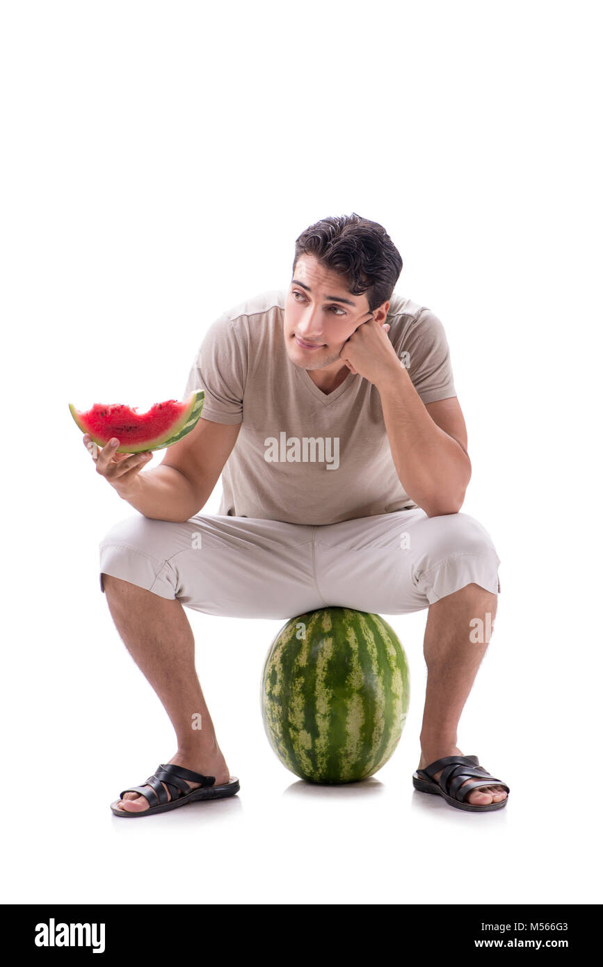 Young man with watermelon isolated on white Stock Photo - Alamy
