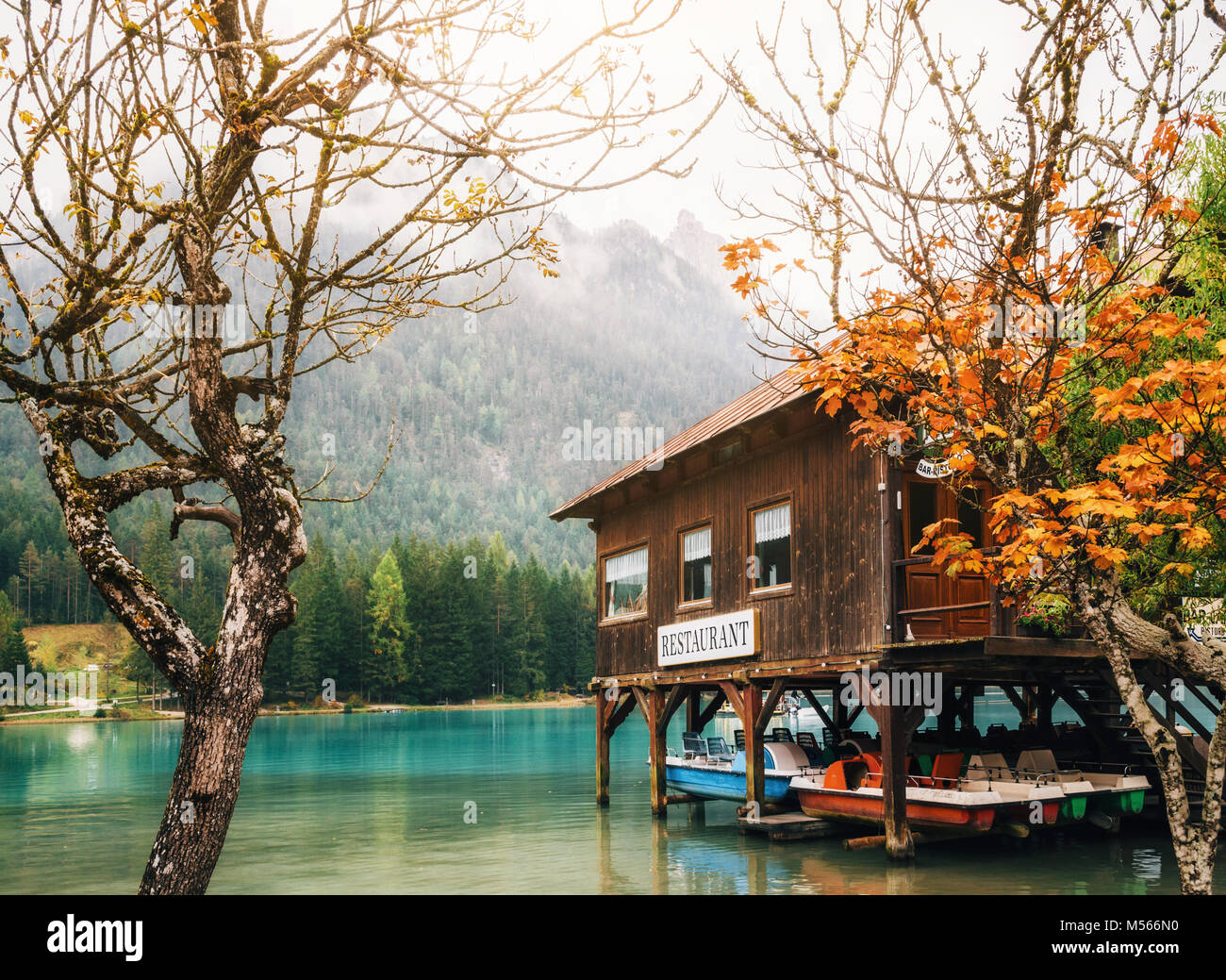 Dobbiaco Lake, Italy - 03 October, 2017: Lake Dobbiaco in the Dolomites ...