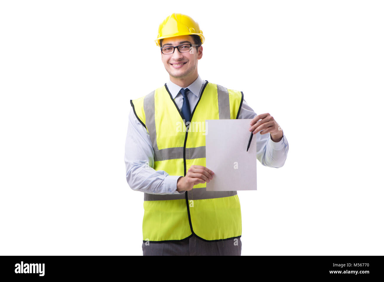Construction supervisor with blank sheet isolated on white background ...