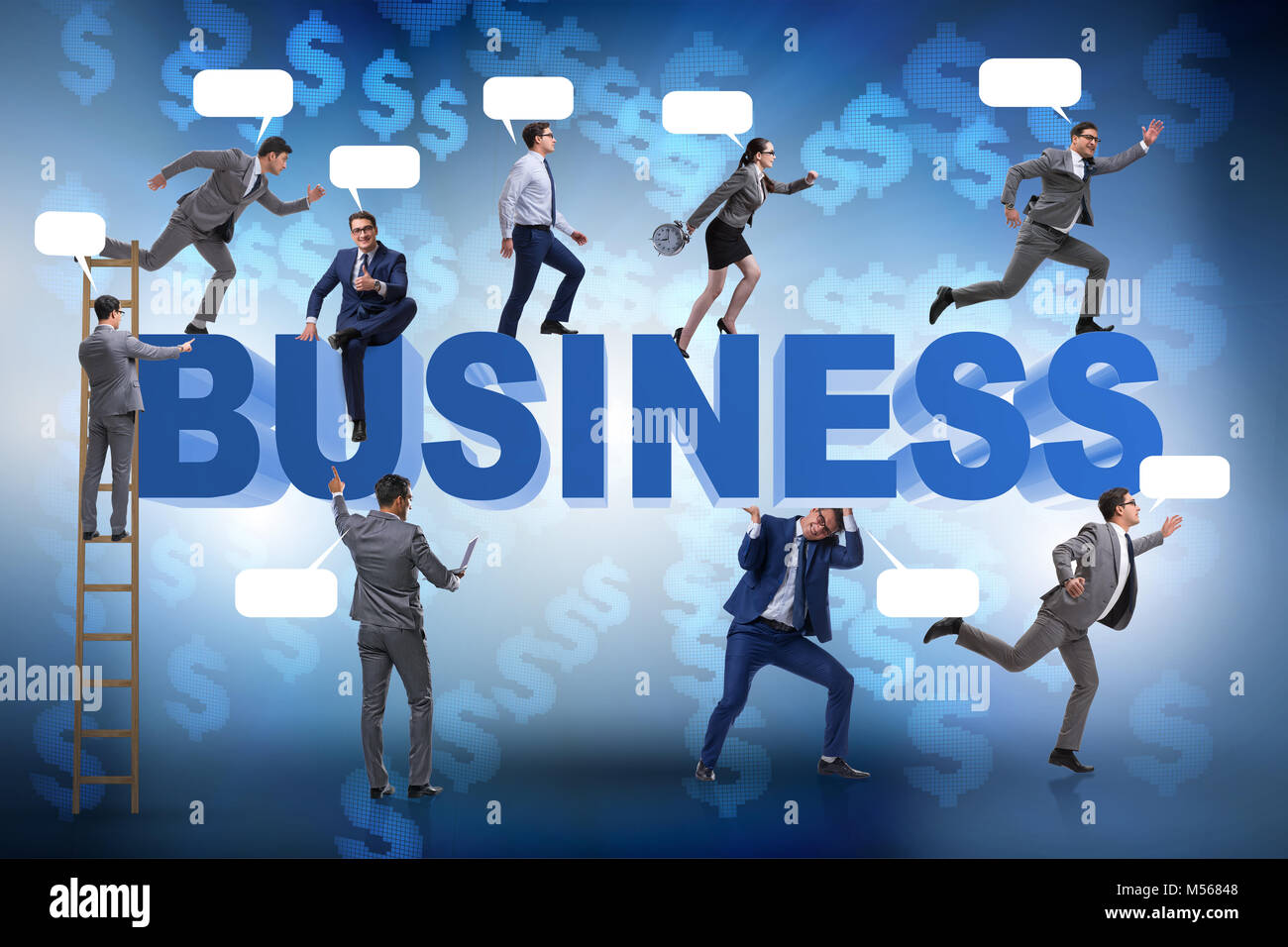 Businessmen in business concept with ladder and bubble callouts Stock ...