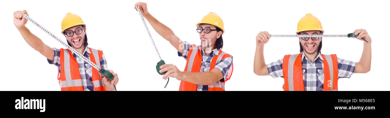 Funny construction worker with tape-line isolated on white Stock Photo ...