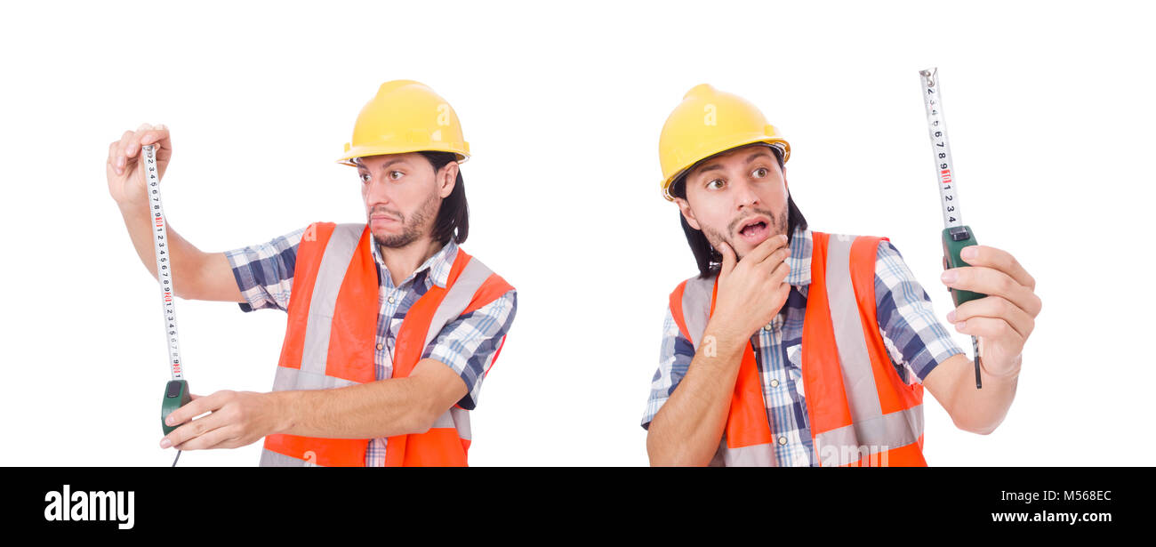 Construction worker with tape-line isolated on white Stock Photo - Alamy
