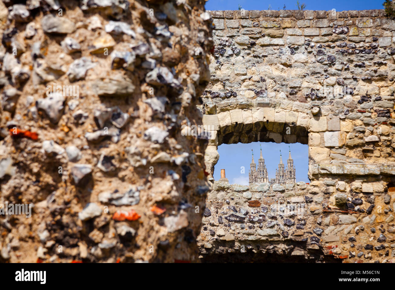 Canterbury Cathedral seen through window of ruined St Augustine's Abbey ...