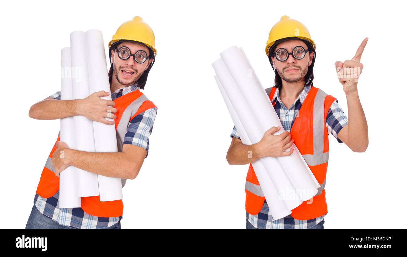 Funny engineer isolated on the white white Stock Photo - Alamy