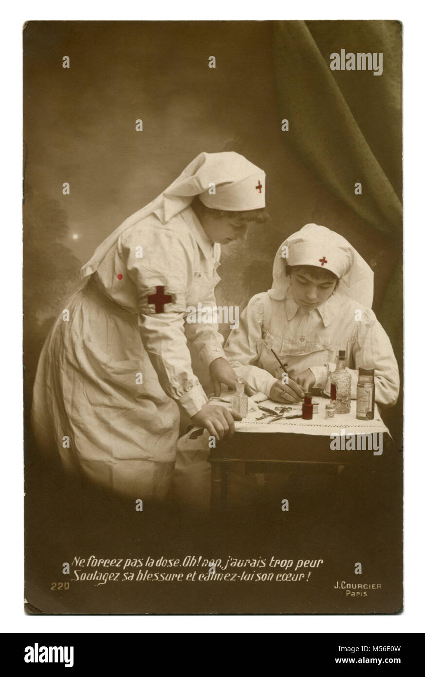 Old French photo postcard: two nurses in white uniform with red crosses ...