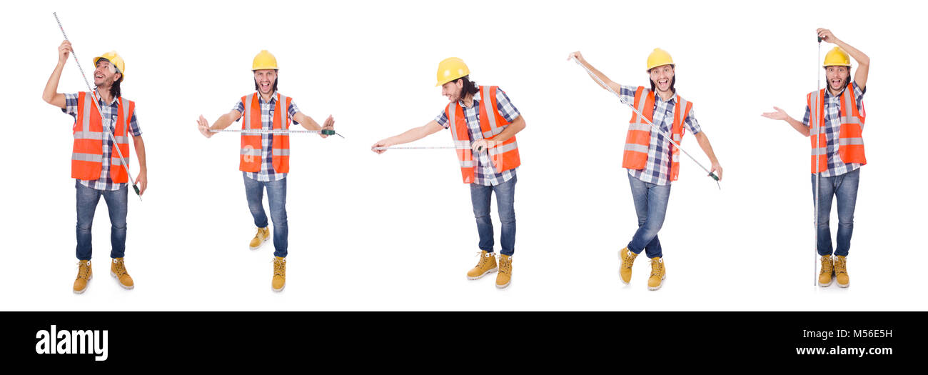 Construction worker with tape-line isolated on white Stock Photo - Alamy