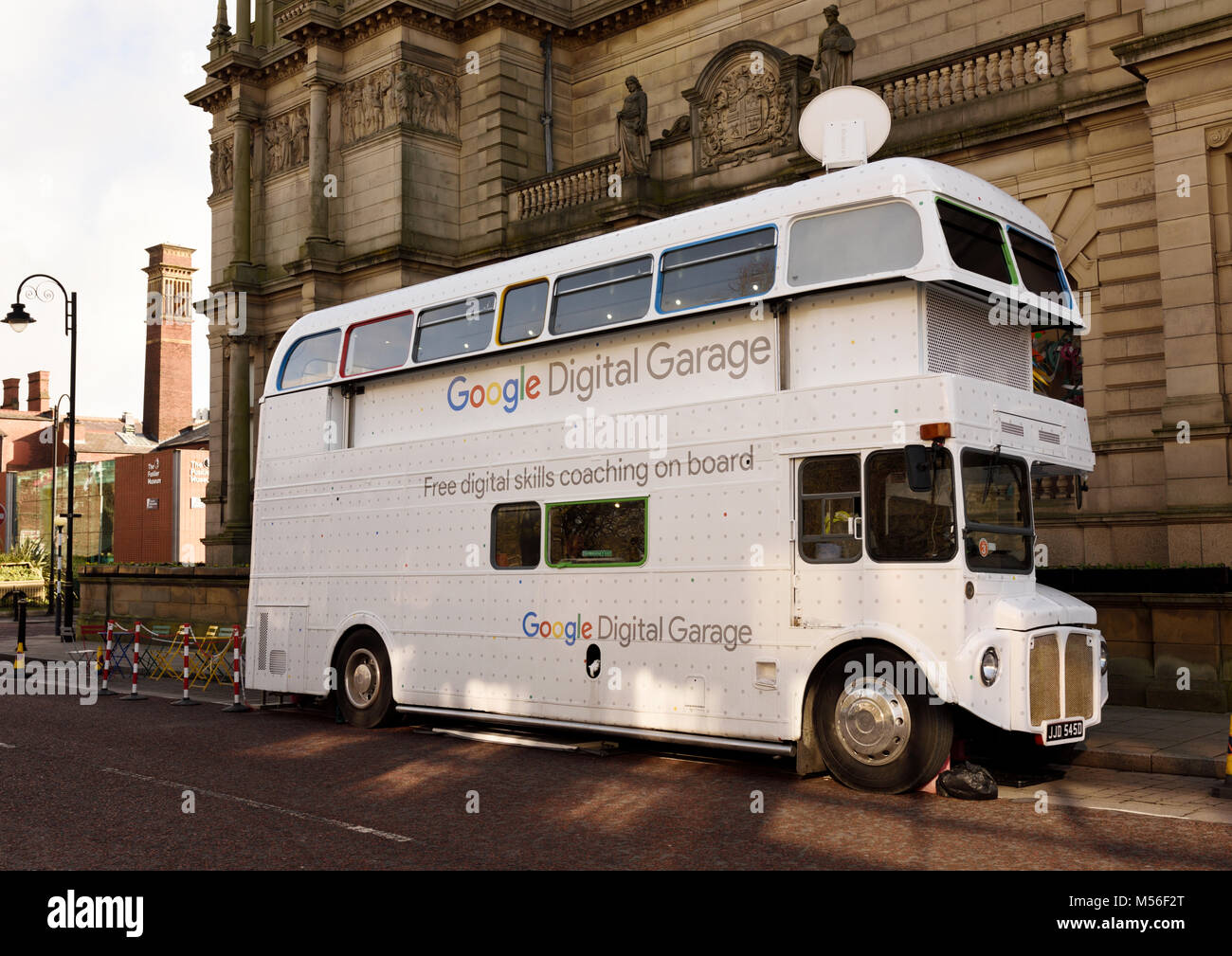 White Google bus parked outside the central library in bury lancashire ...