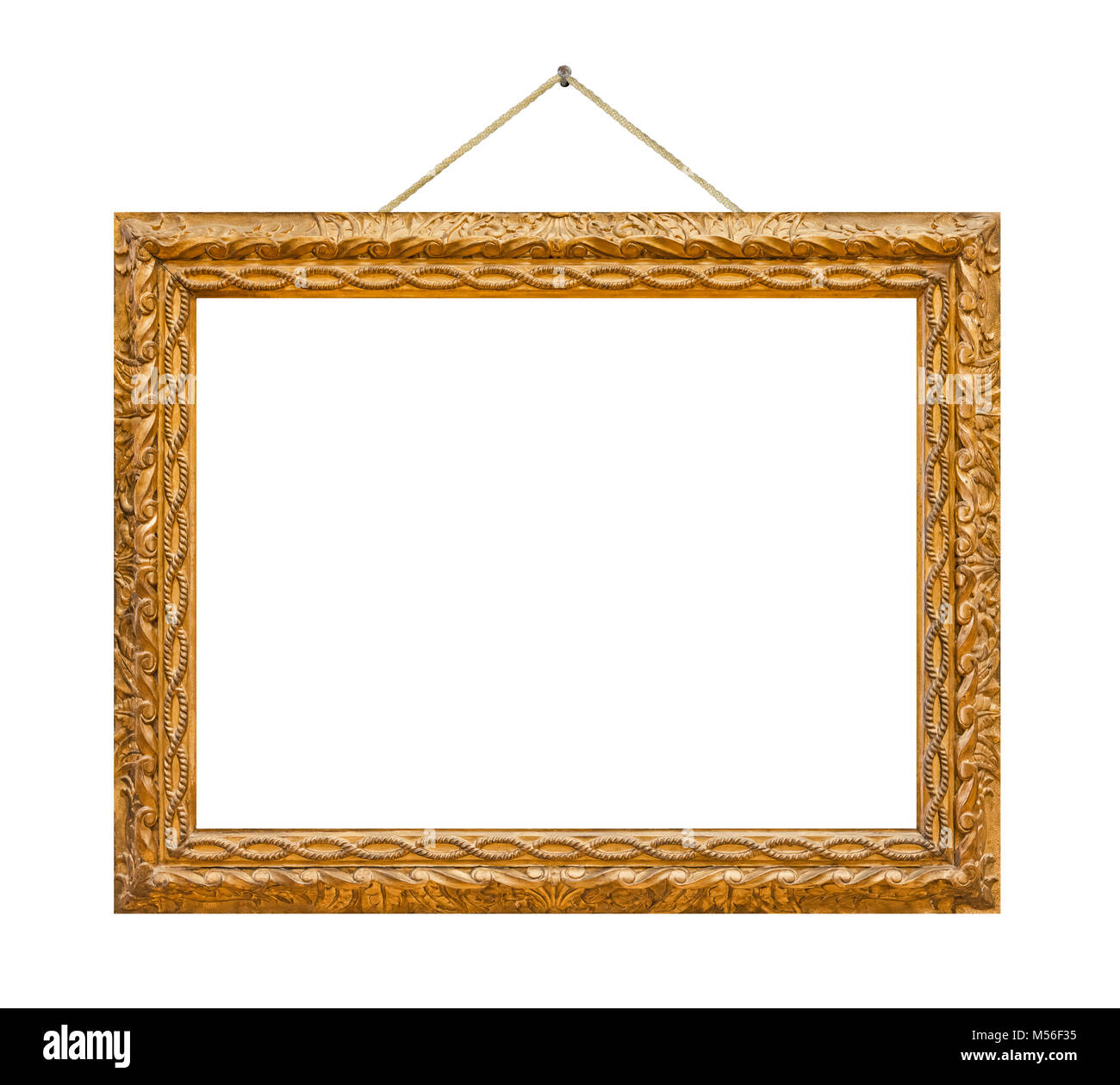 Old wooden picture frame hanging on a rope Stock Photo - Alamy