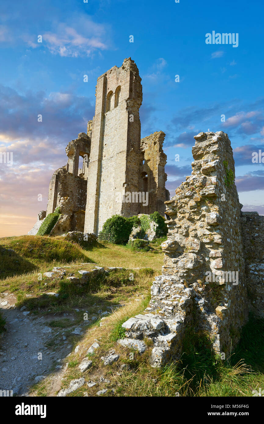 Medieval Corfe castle keep close up sunrise, built in 1086 by William ...