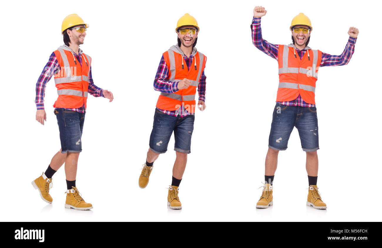 Walking young construction worker isolated on white Stock Photo - Alamy