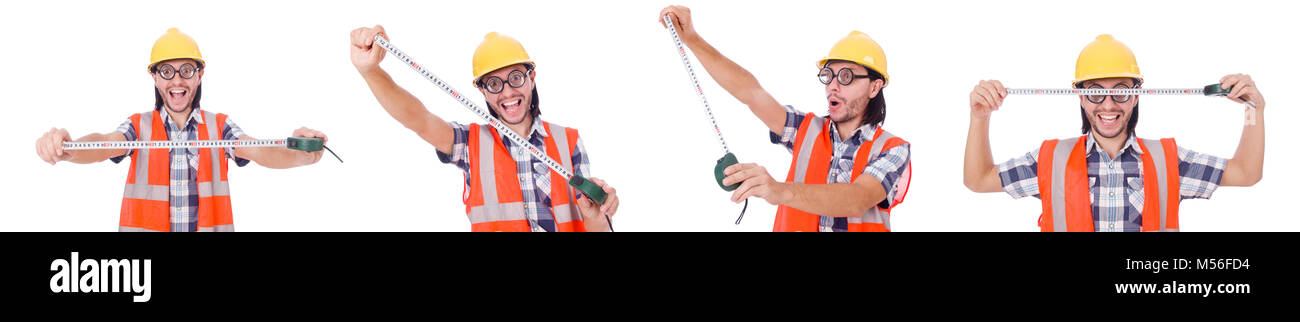 Funny construction worker with tape-line isolated on white Stock Photo ...