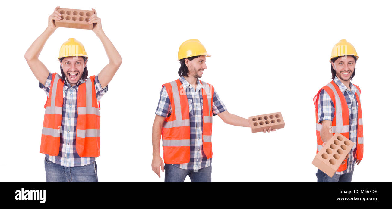 Young bricklayer with brick isolated on white Stock Photo - Alamy