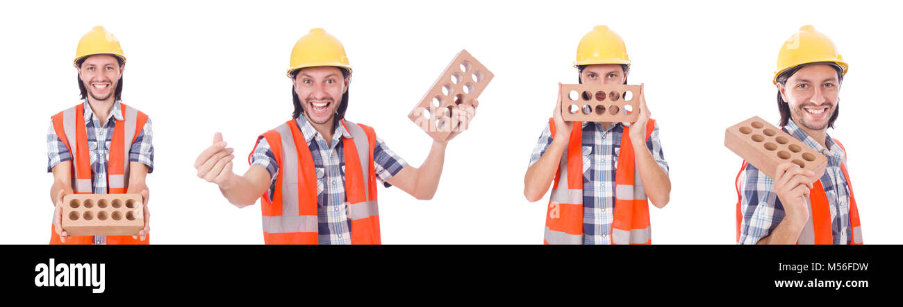 Young bricklayer with brick isolated on white Stock Photo - Alamy