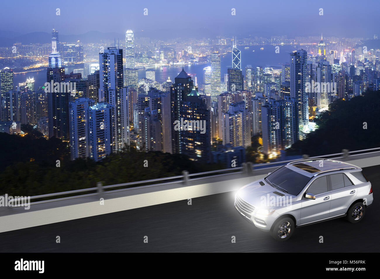 3D rendering of a SUV on motion with Hong kong skyline on the back ...