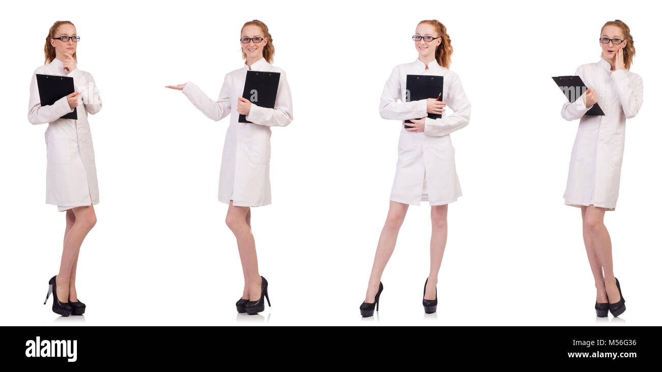 Pretty female doctor holding diary isolated on white Stock Photo - Alamy
