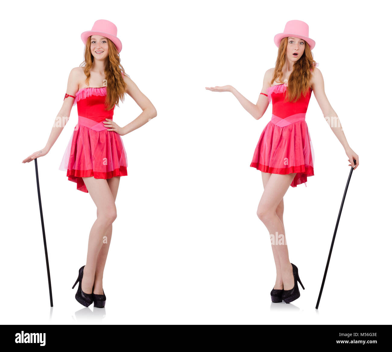 Pretty young wizard in mini pink dress isolated on white Stock Photo ...