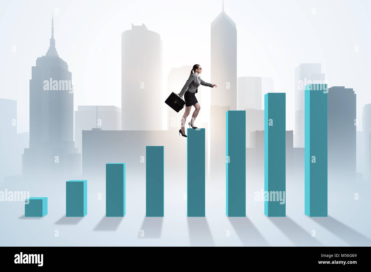 Businesswoman climbing bar chart in economic recovery concept Stock ...