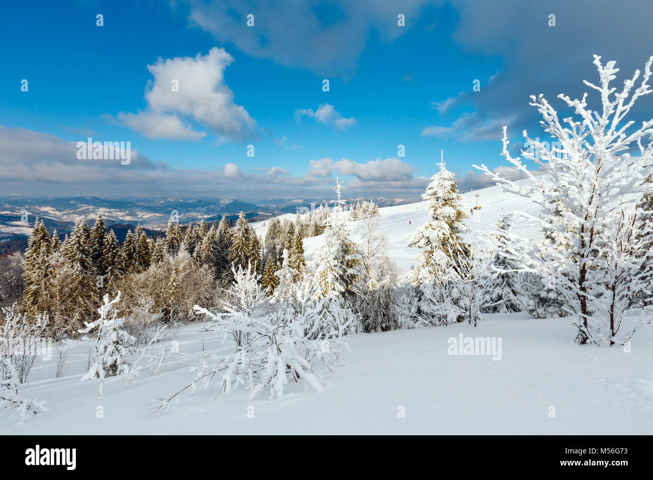 Winter calm mountain landscape with beautiful frosting trees and ...