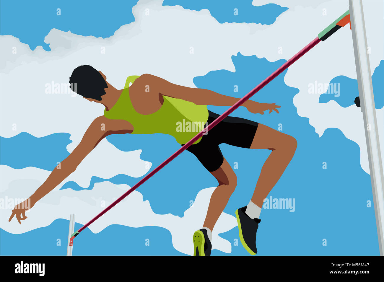 athlete jumping high jump in background of blue sky and clouds Stock ...