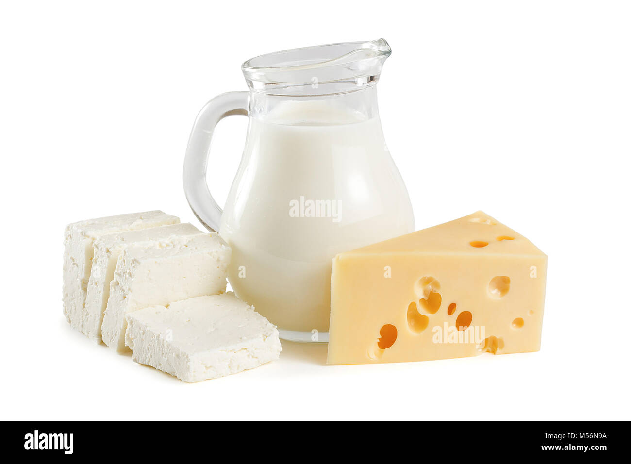 Milk, cottage cheese and yellow cheese isolated on white background ...