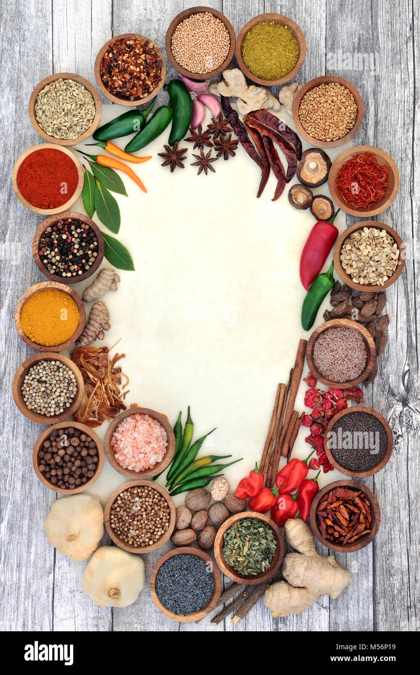 Herb and spice abstract background border with fresh and dried herbs ...