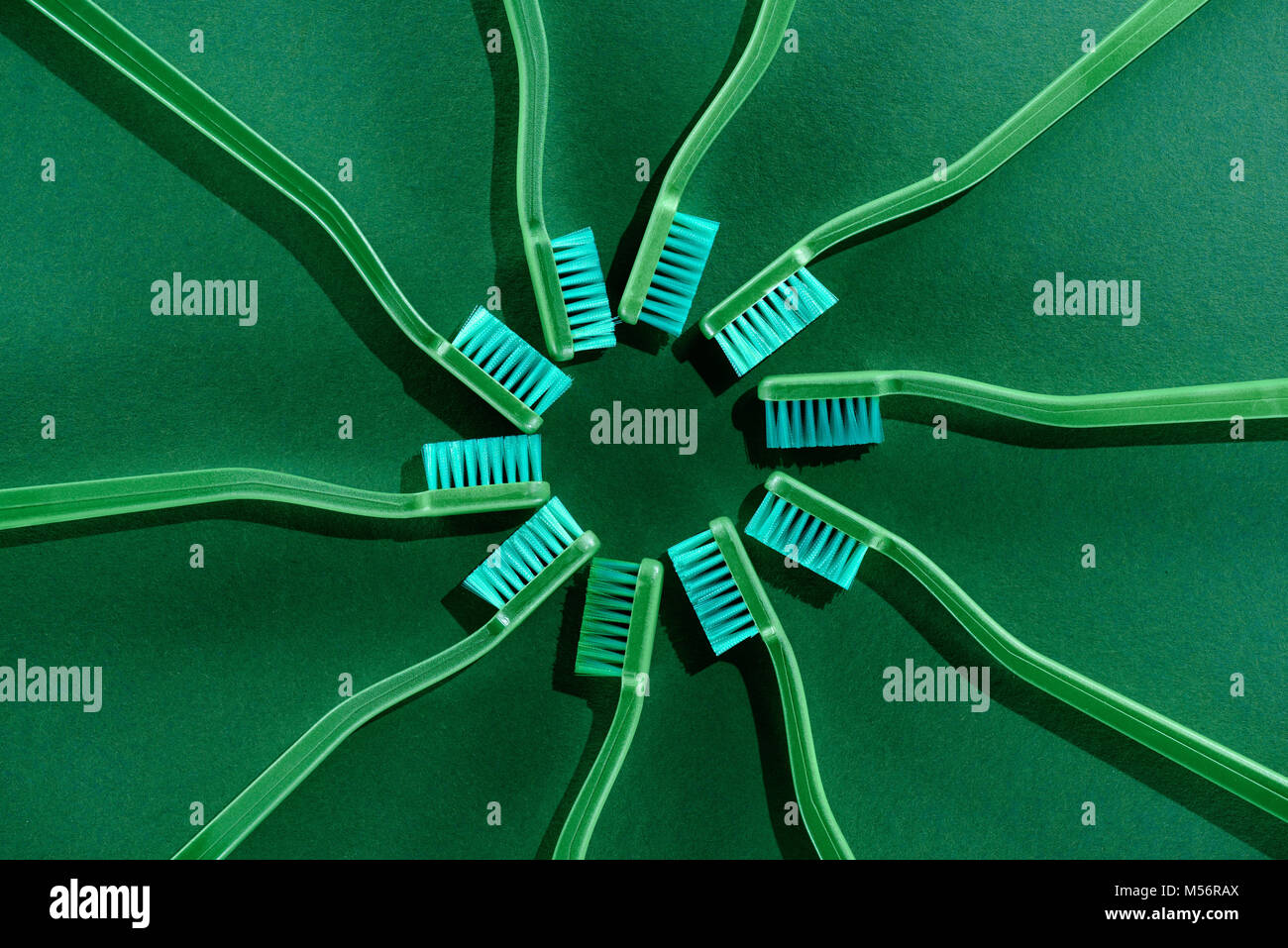 top view of circle composition with toothbrushes on green Stock Photo ...