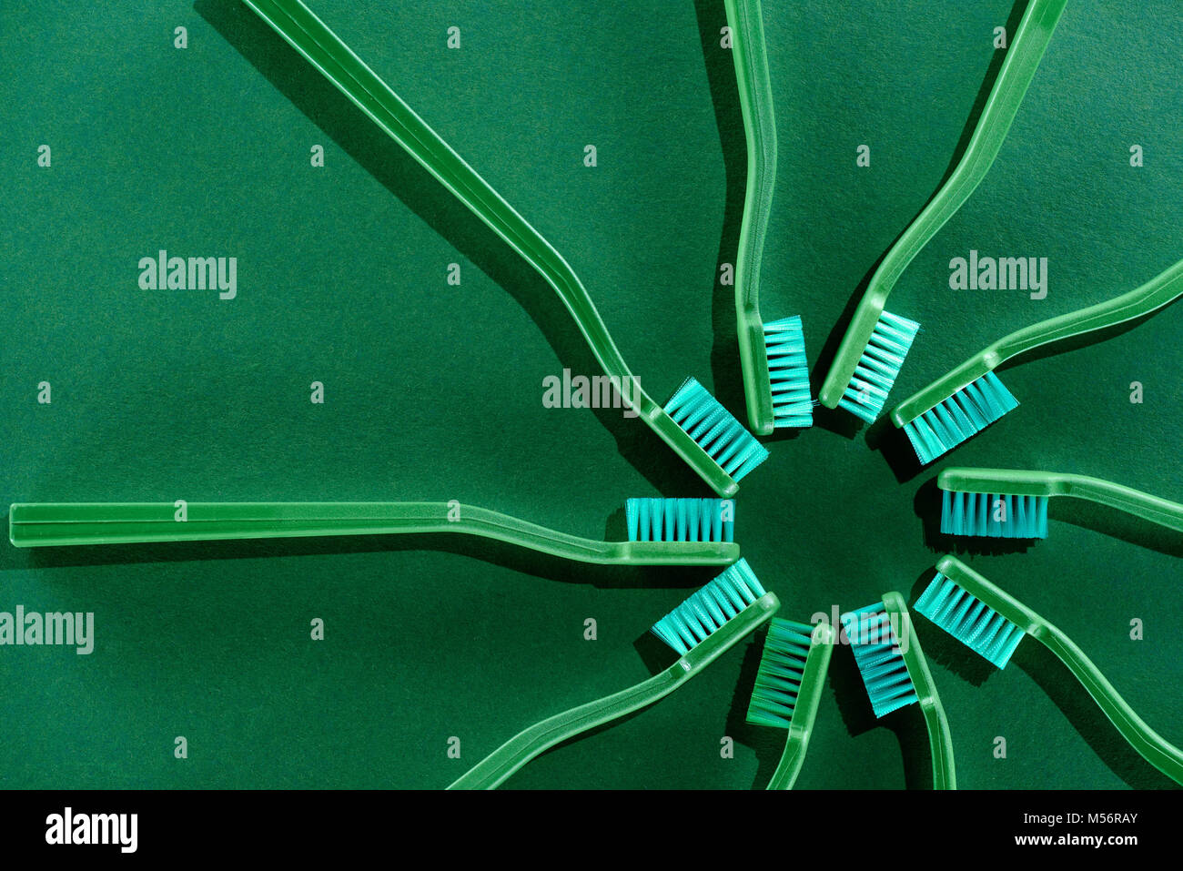 top view of circle composition with green toothbrushes on green Stock ...