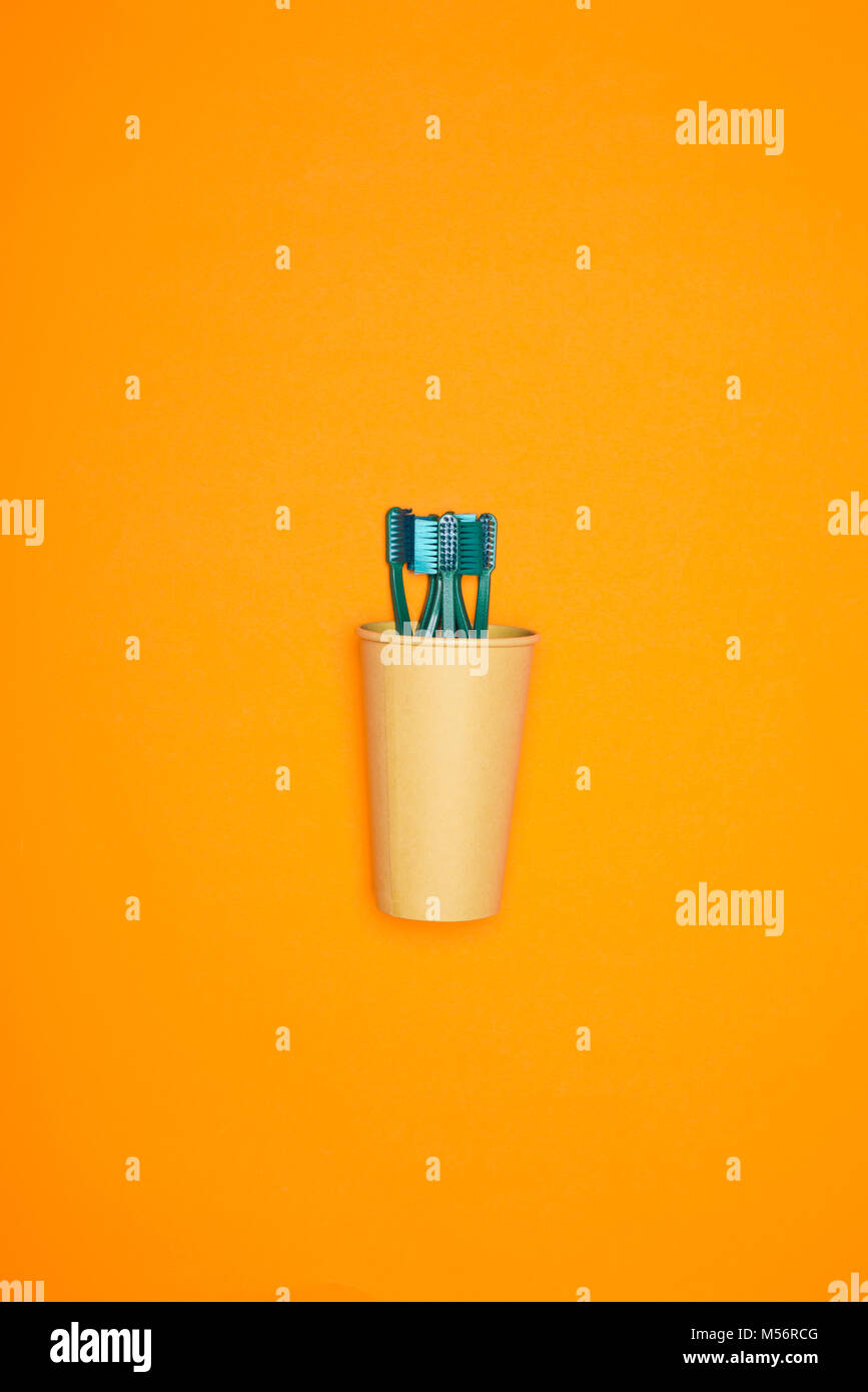 top view of toothbrushes in paper cup, isolated on orange Stock Photo ...