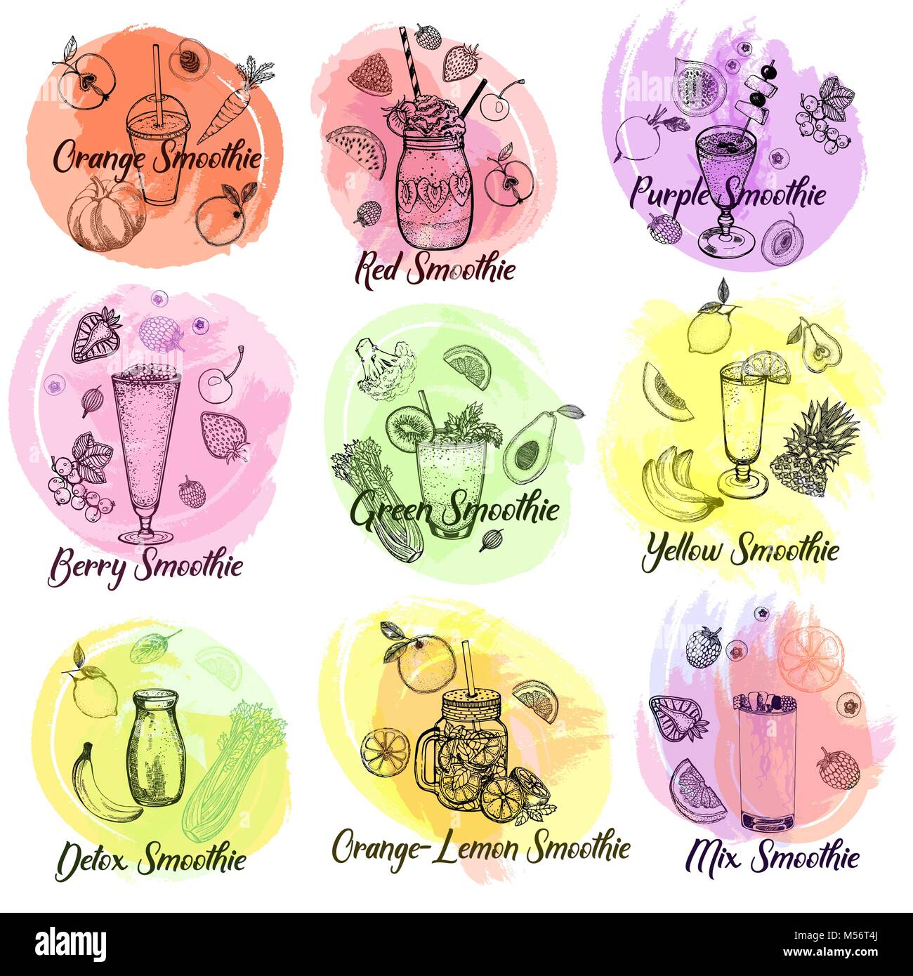 Set of hand drawn sketch style smoothie with fruits and vegetables ...