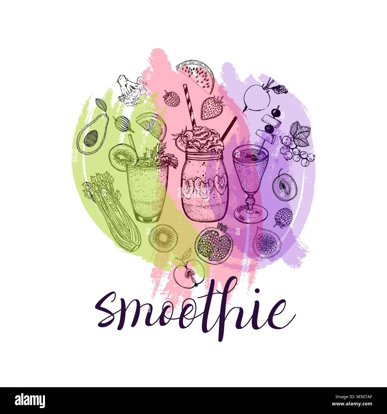Set of hand drawn sketch style smoothie with fruits and vegetables ...