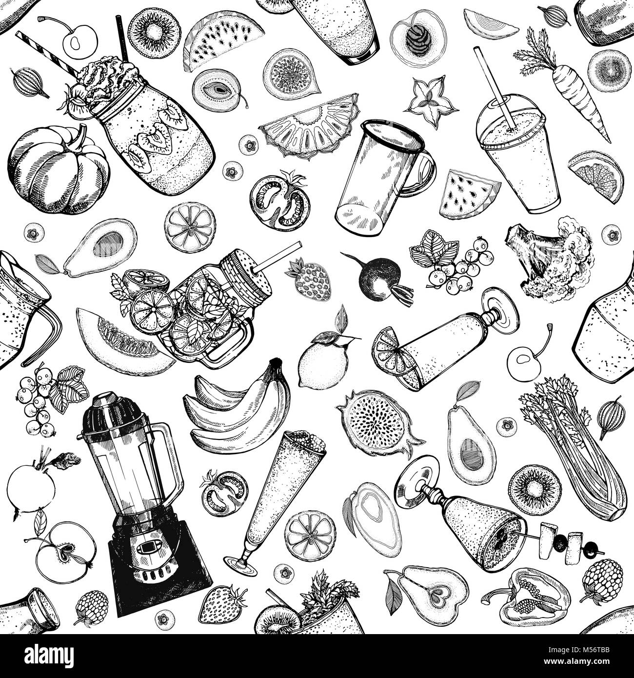 Seamless pattern of hand drawn sketch style smoothie with fruits ...