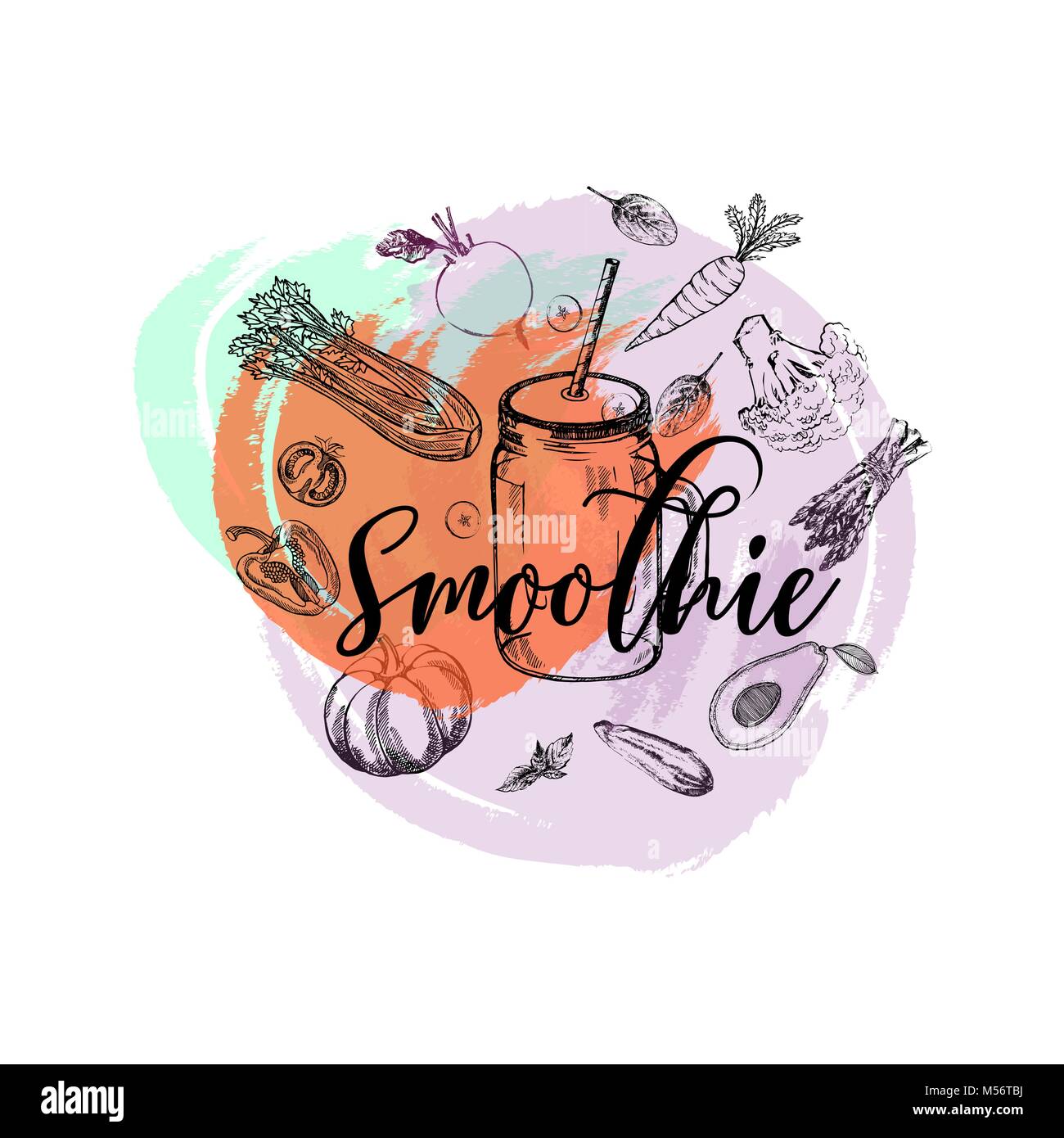 Set of hand drawn sketch style smoothie with vegetables. Isolated ...