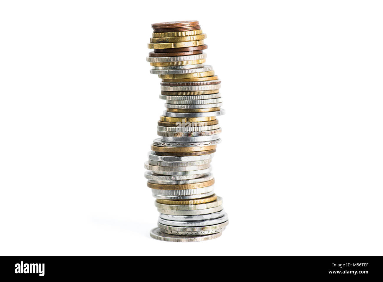close up view of stack of various coins isolated on white Stock Photo ...