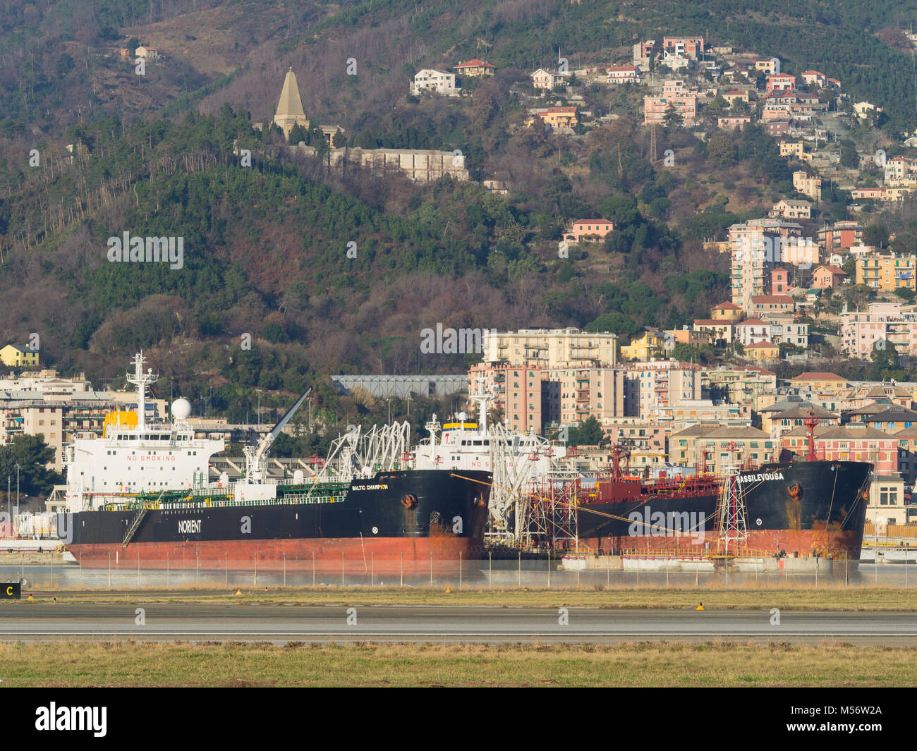 Genoa Italy December 23, 2017: big oil chemical tankers moored in a ...