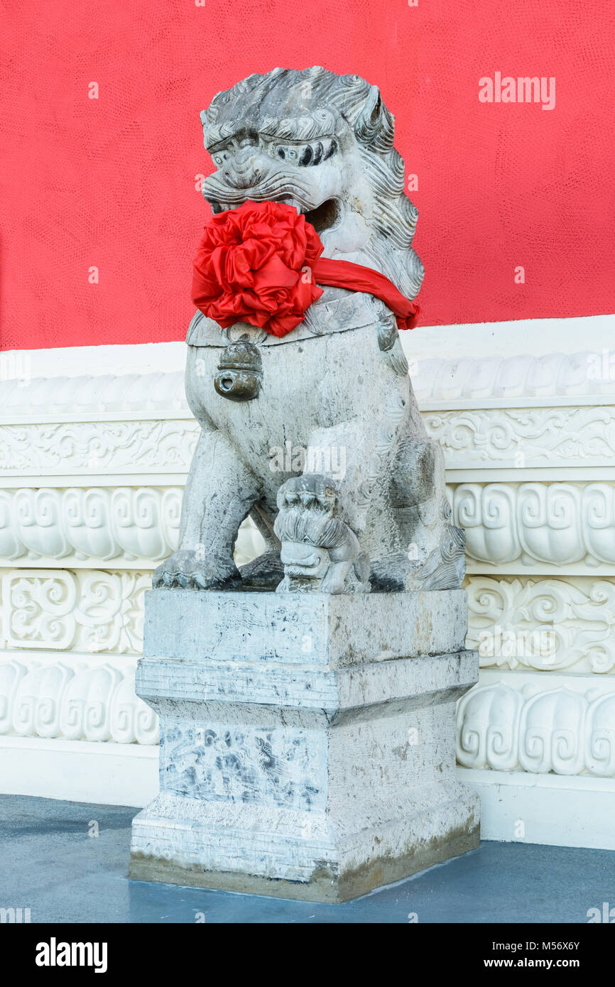 Traditional stone statue of a chinese guardian lion (female), wearing a ...