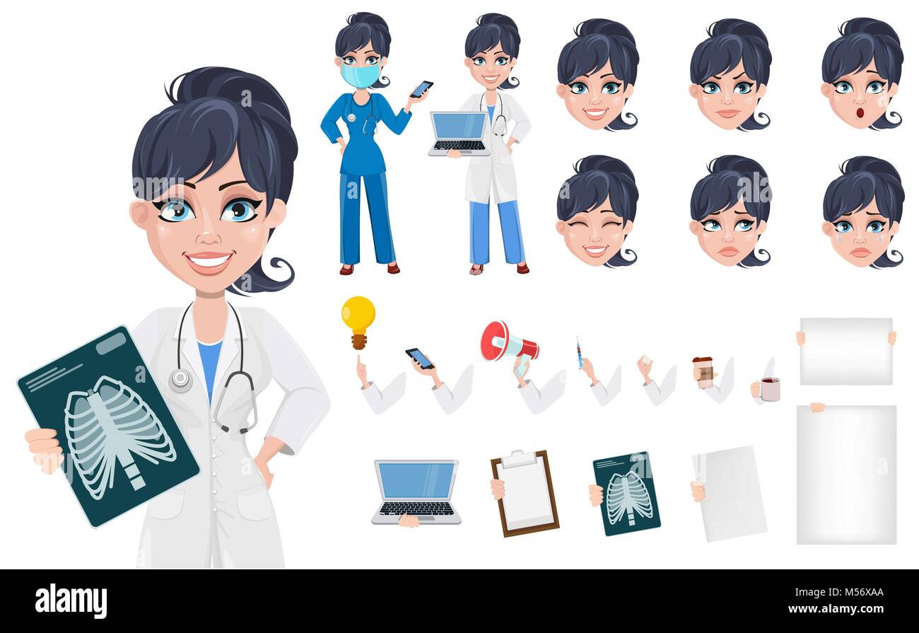 Doctor woman, professional medical staff, pack of body parts and ...