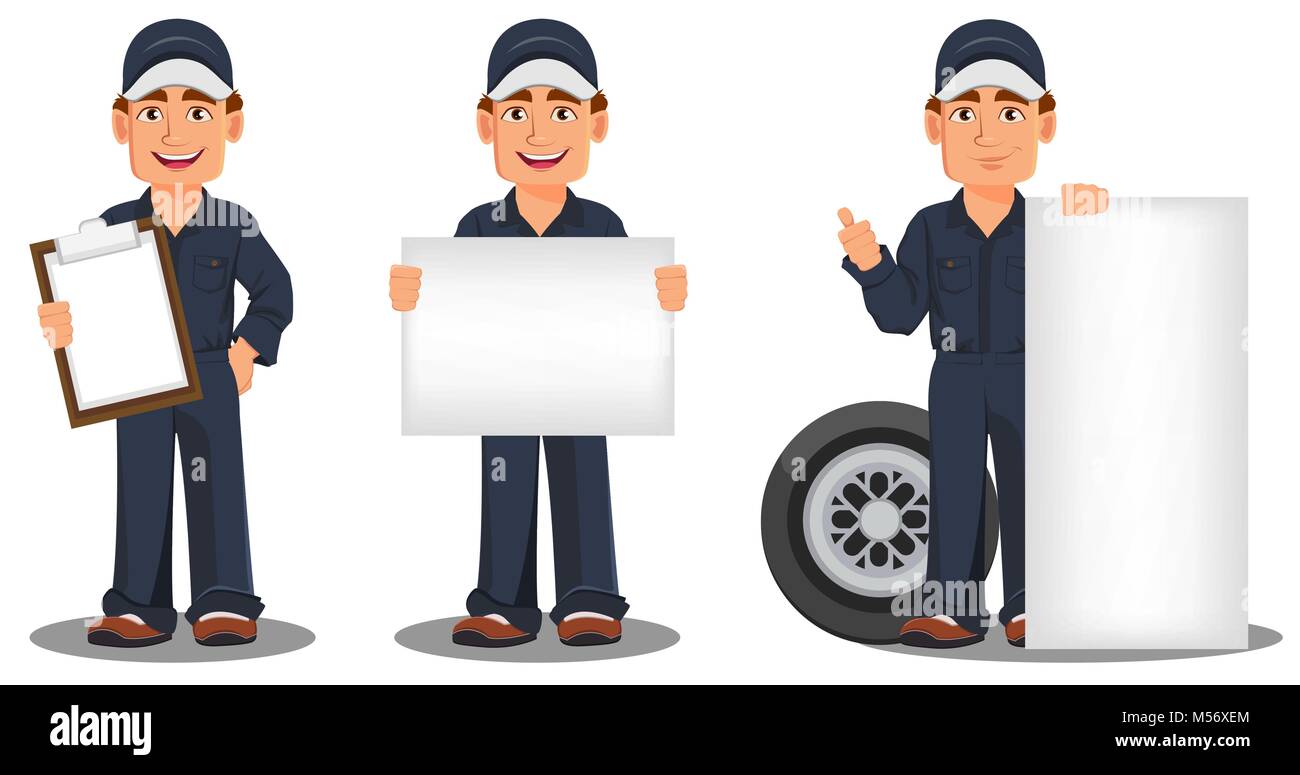 Professional auto mechanic in uniform. Smiling cartoon character, set ...