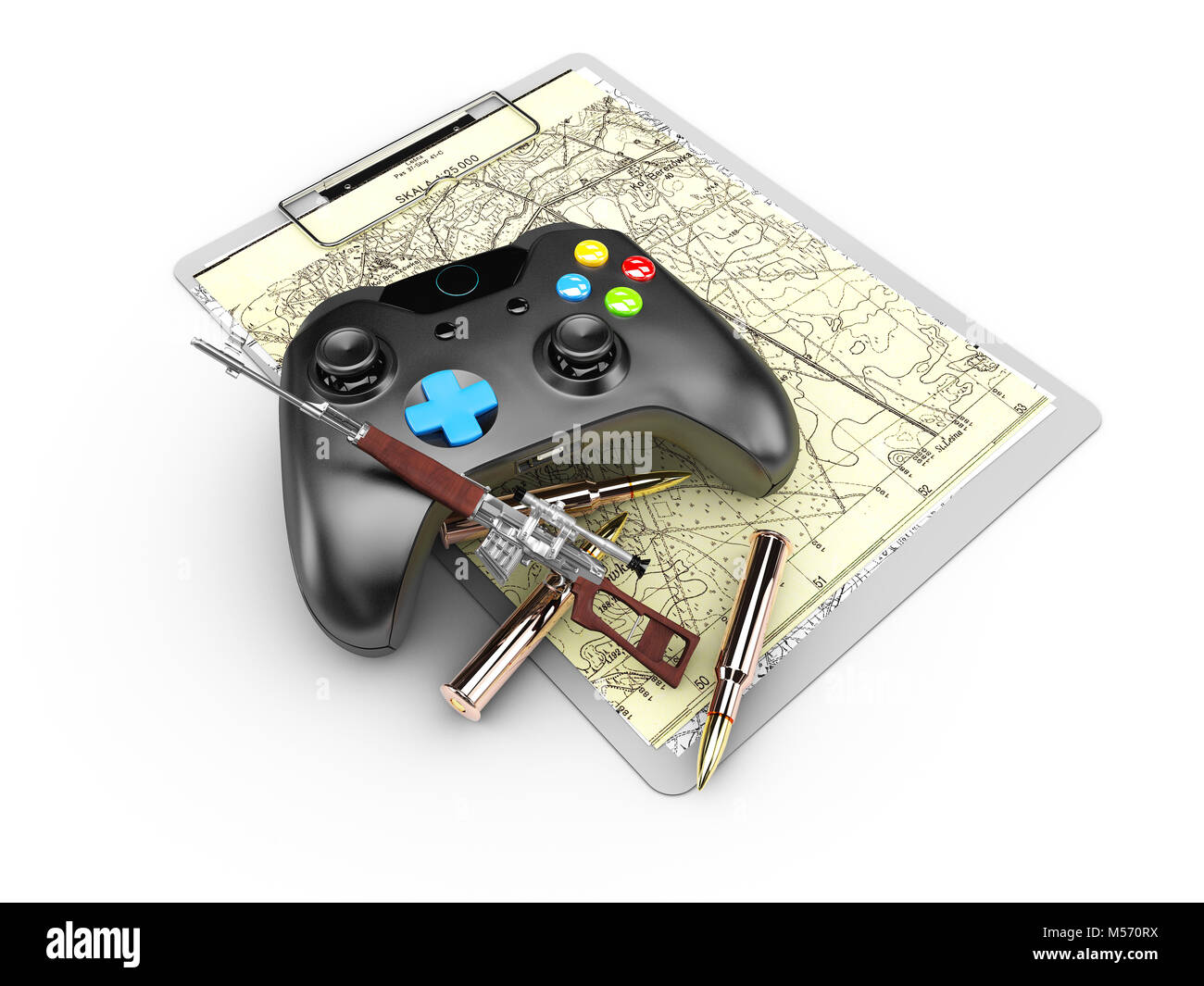 video game controller with gun on the maps, 3d Illustration Stock Photo ...