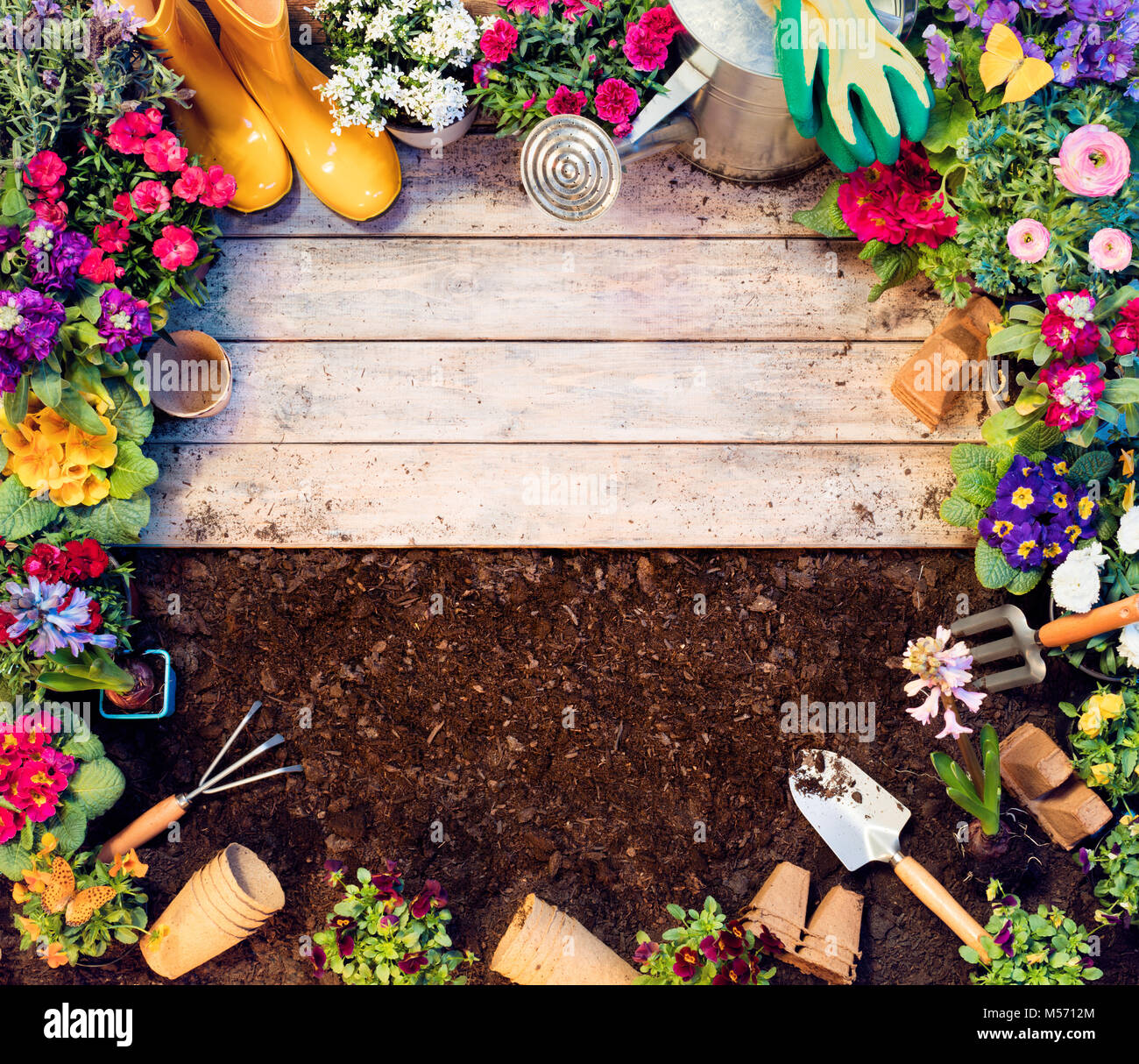Gardening Frame - Tools And Flowerpots On Wooden Table And Dirt Stock ...