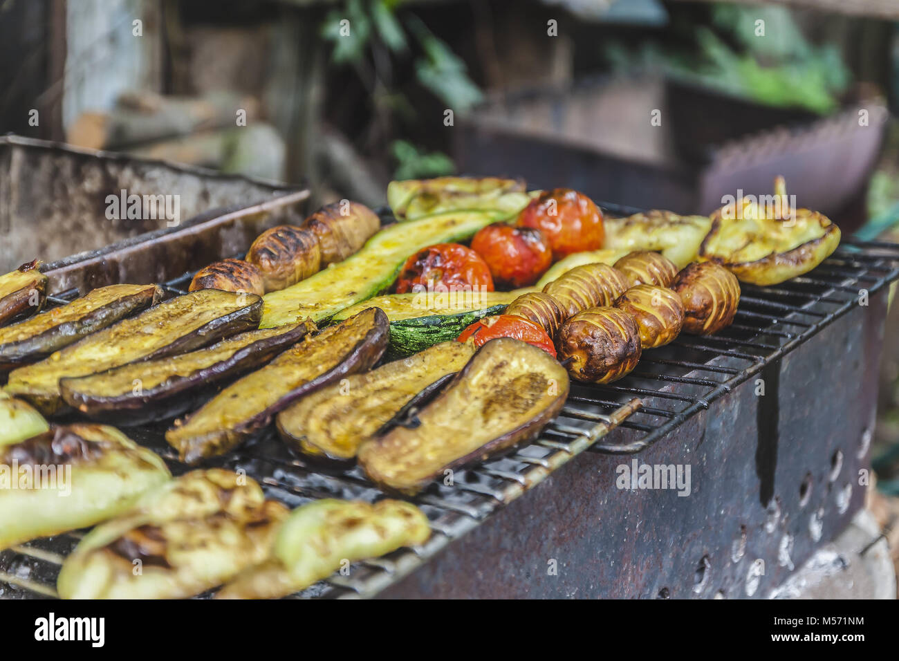 Assorted grilled vegetables.Chef cooking vegetables.top view close up ...