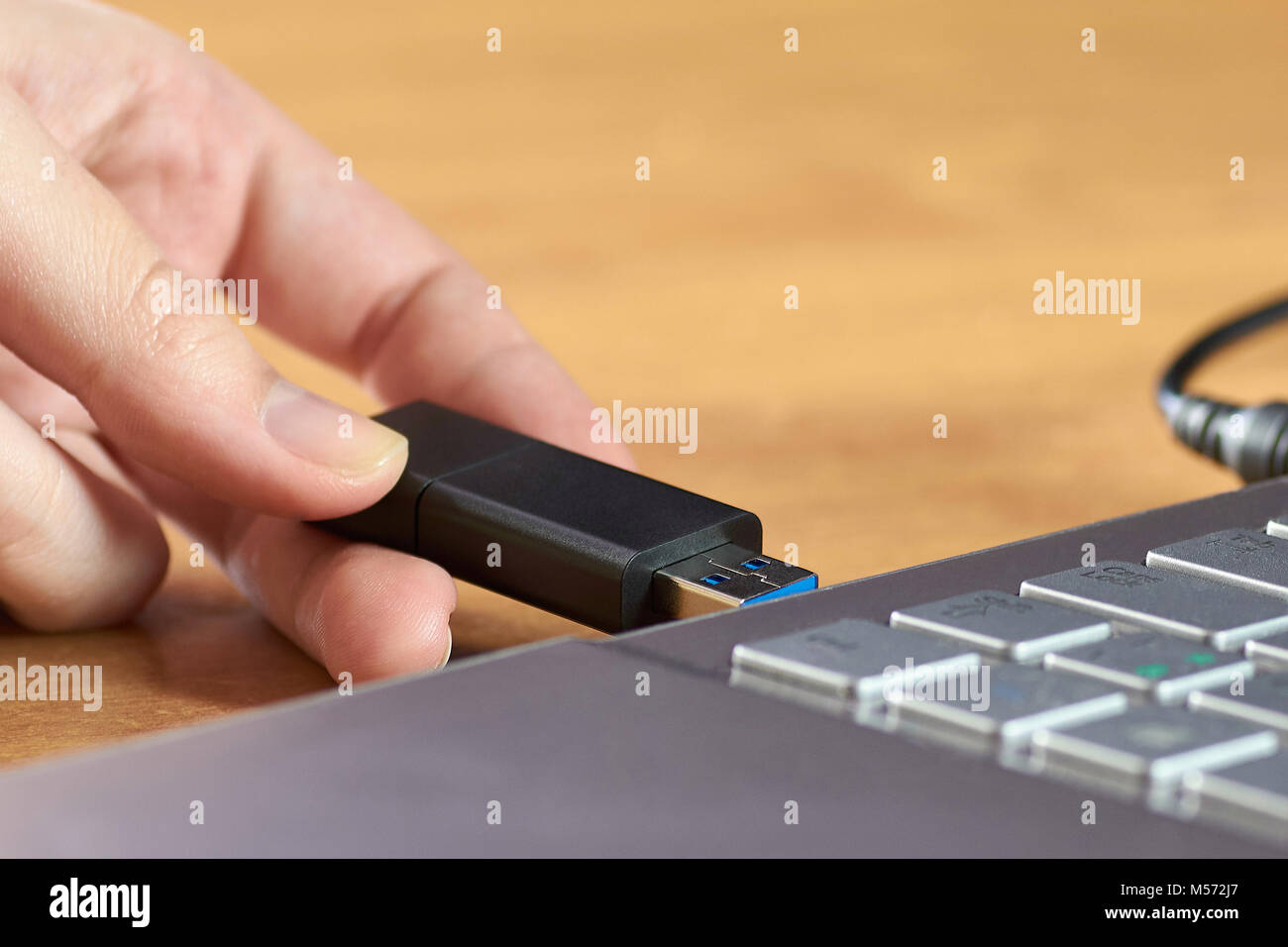 A female hand holding a USB flash drive before the silver laptop Stock ...