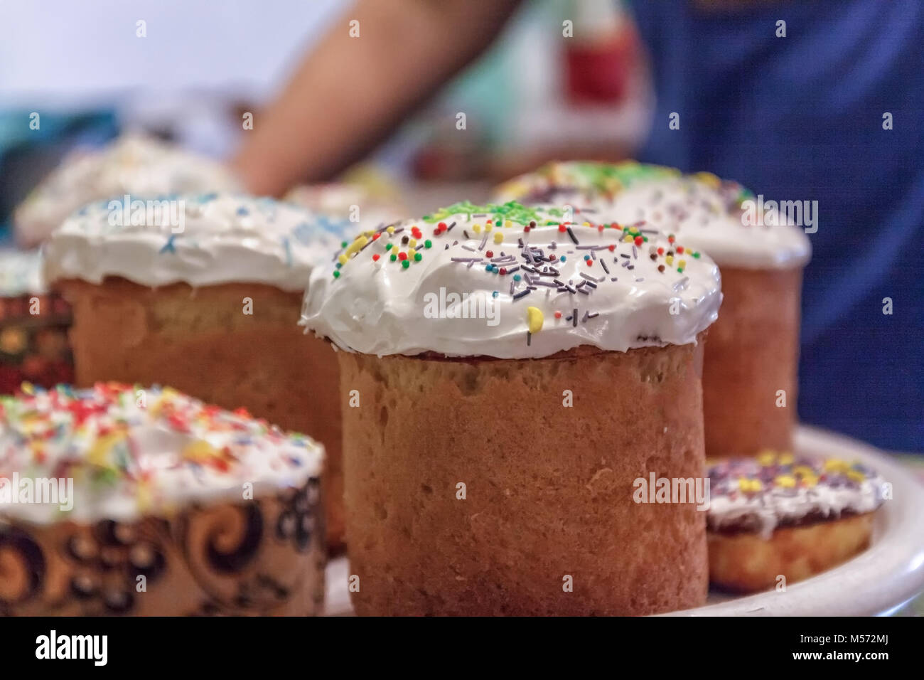Several Kulich, a traditional Russian Easter bread with meringue and ...