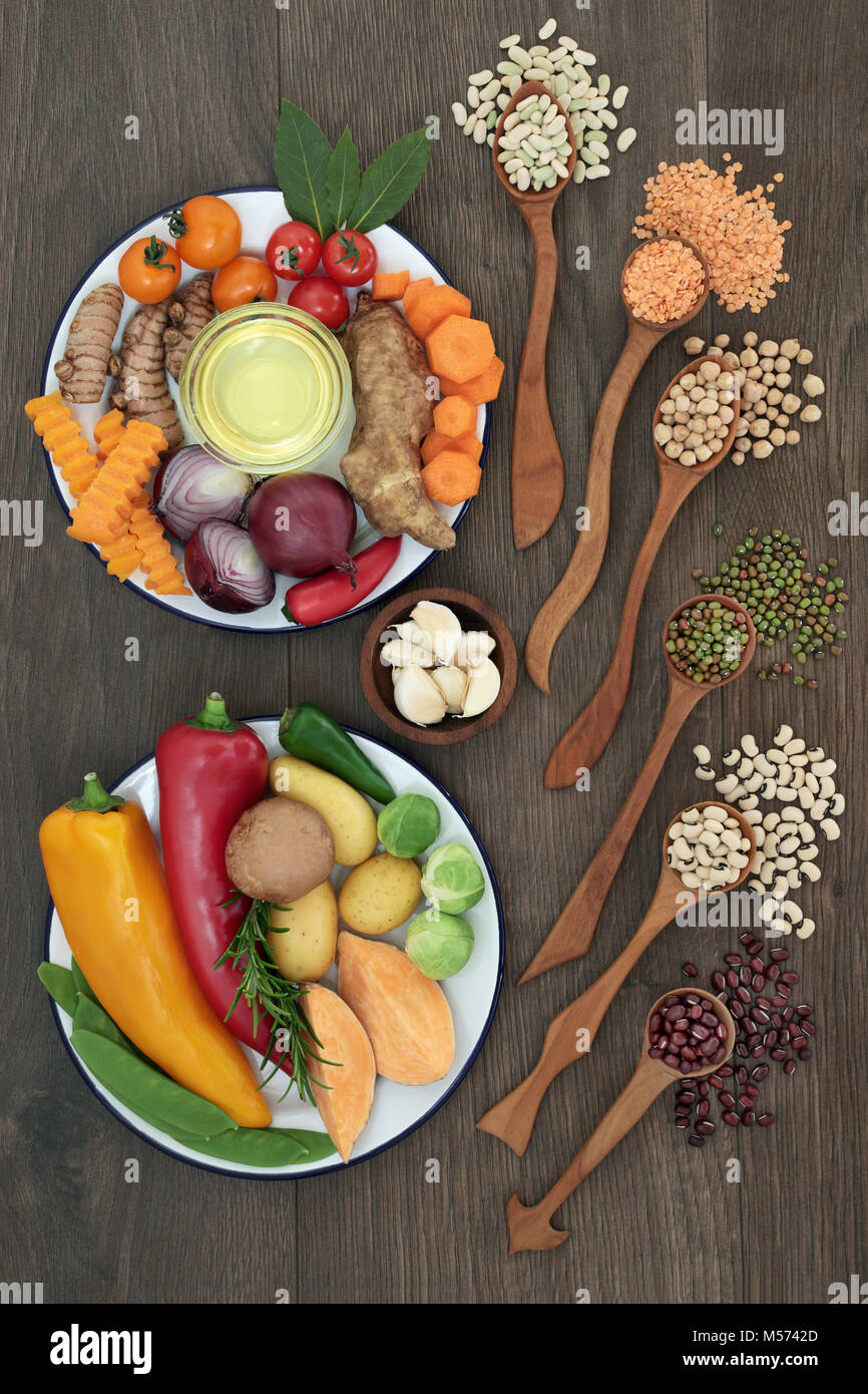 Health food selection with fresh vegetables, fruit, herbs, spice, dried ...